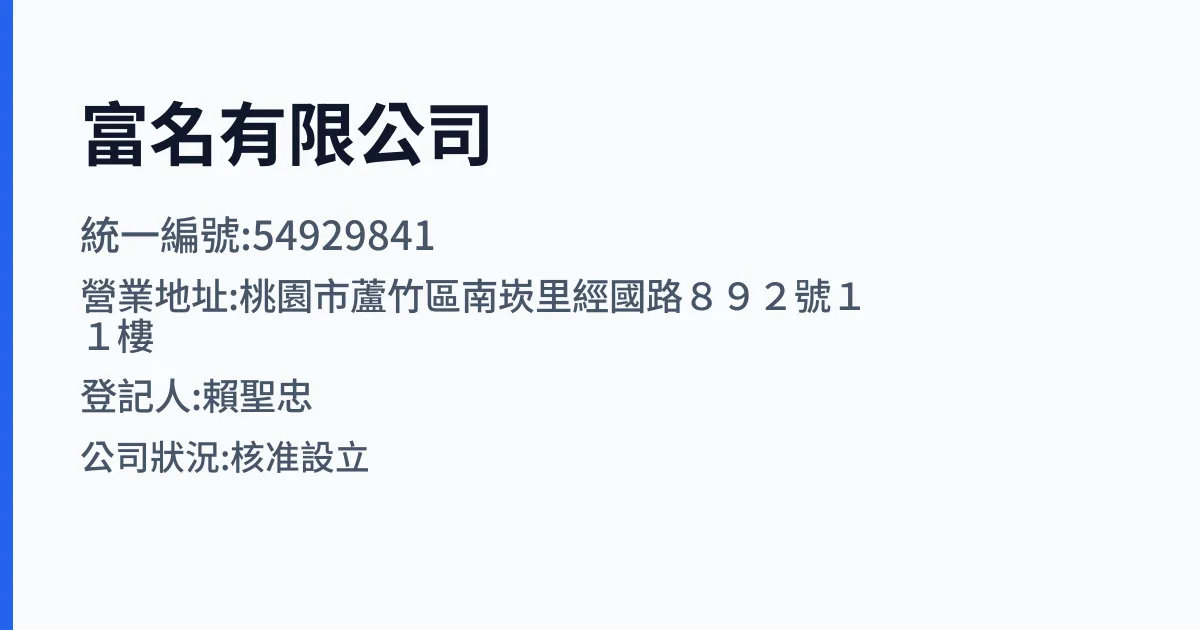 富名有限公司 - 統編 54929841(桃園市) 公司登記資料與營業項目詳細圖表