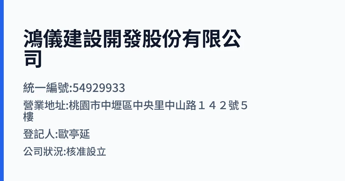 鴻儀建設開發股份有限公司 - 統編 54929933(桃園市) 公司登記資料與營業項目詳細圖表