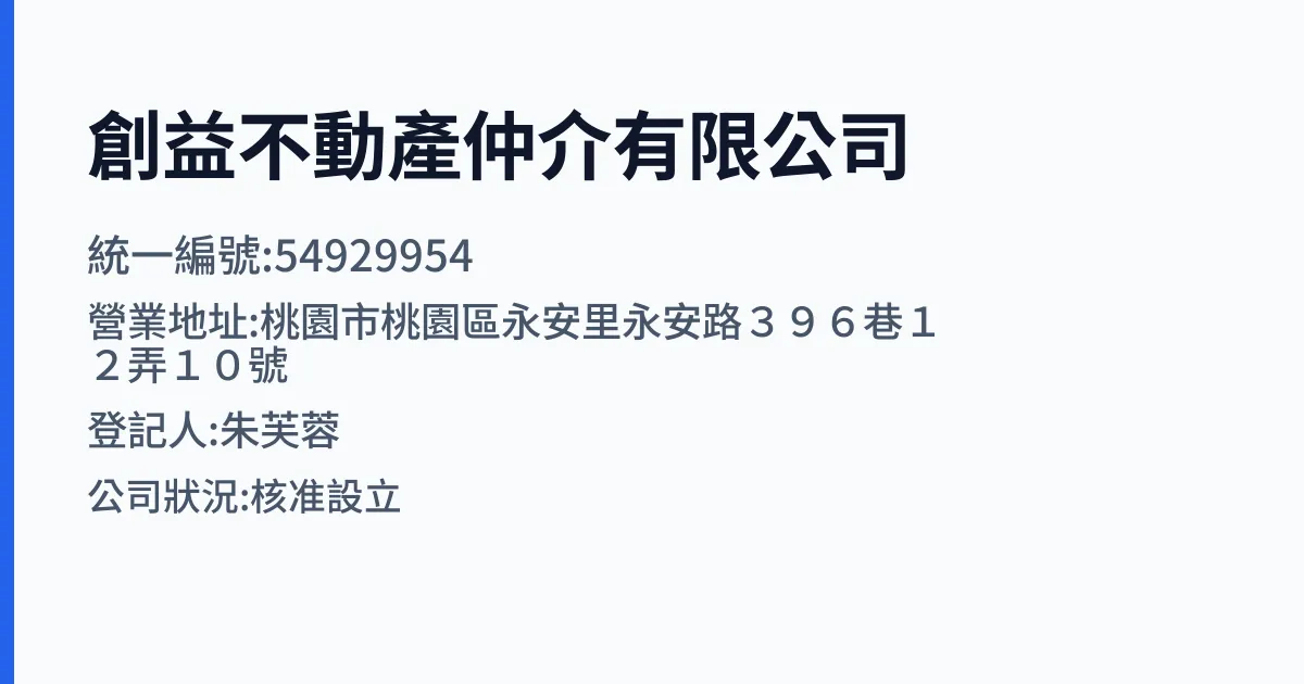 創益不動產仲介有限公司 - 統編 54929954(桃園市) 公司登記資料與營業項目詳細圖表