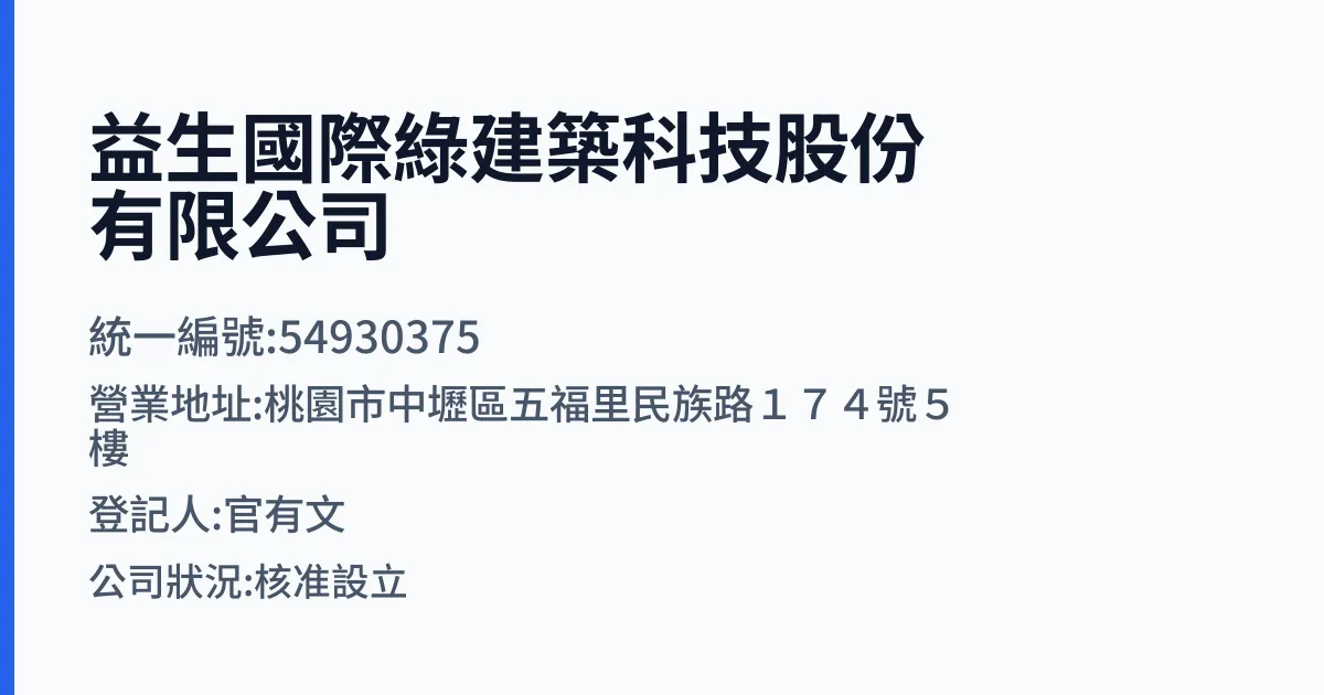 益生國際綠建築科技股份有限公司 - 統編 54930375(桃園市) 公司登記資料與營業項目詳細圖表