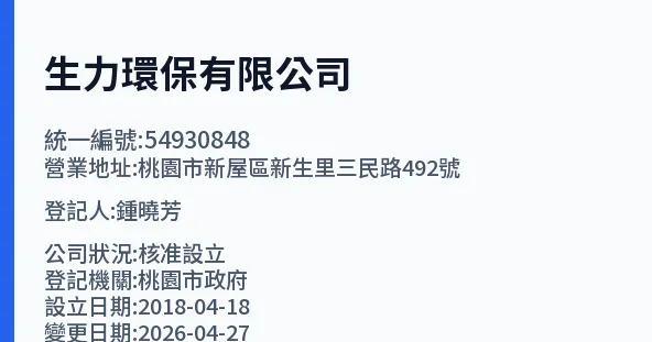 生力環保有限公司的照片-統編 54930848(桃園市) 公司登記資料與營業項目詳細圖表