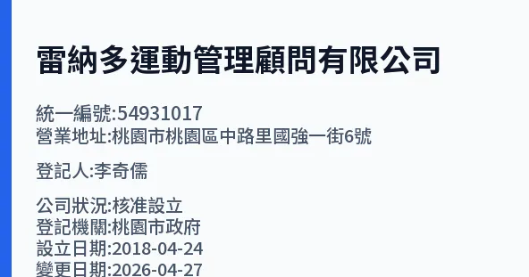 雷納多運動管理顧問有限公司的照片-統編 54931017(桃園市) 公司登記資料與營業項目詳細圖表
