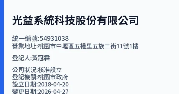 光益系統科技股份有限公司的照片-統編 54931038(桃園市) 公司登記資料與營業項目詳細圖表