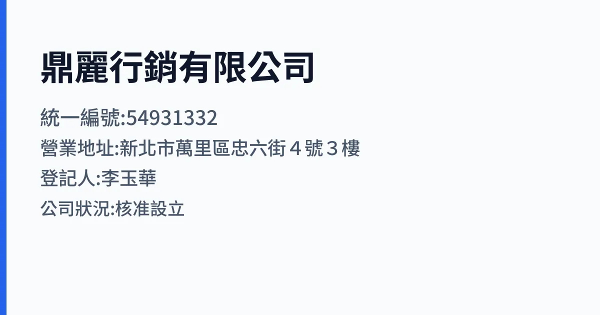 鼎麗行銷有限公司 - 統編 54931332(新北市) 公司登記資料與營業項目詳細圖表