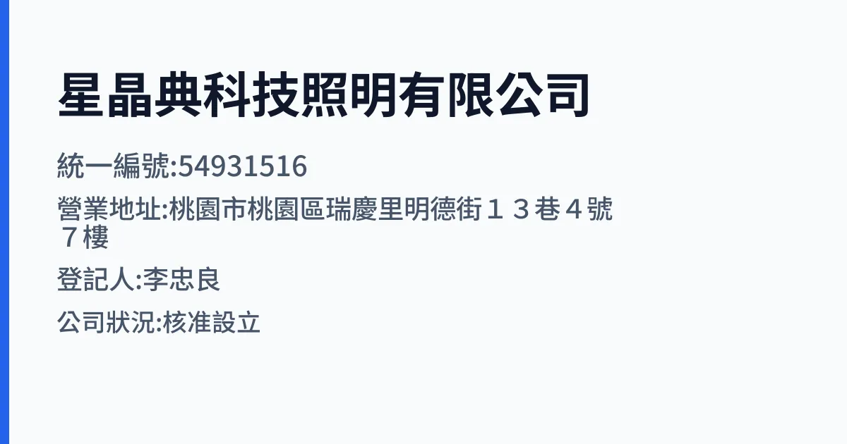星晶典科技照明有限公司 - 統編 54931516(桃園市) 公司登記資料與營業項目詳細圖表