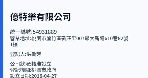 億特樂有限公司的照片-統編 54931889(桃園市) 公司登記資料與營業項目詳細圖表
