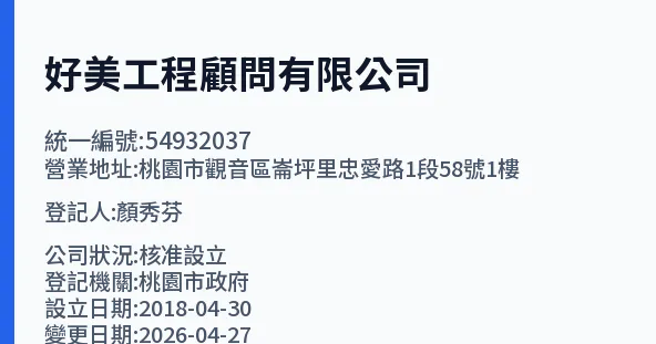 好美工程顧問有限公司的照片-統編 54932037(桃園市) 公司登記資料與營業項目詳細圖表