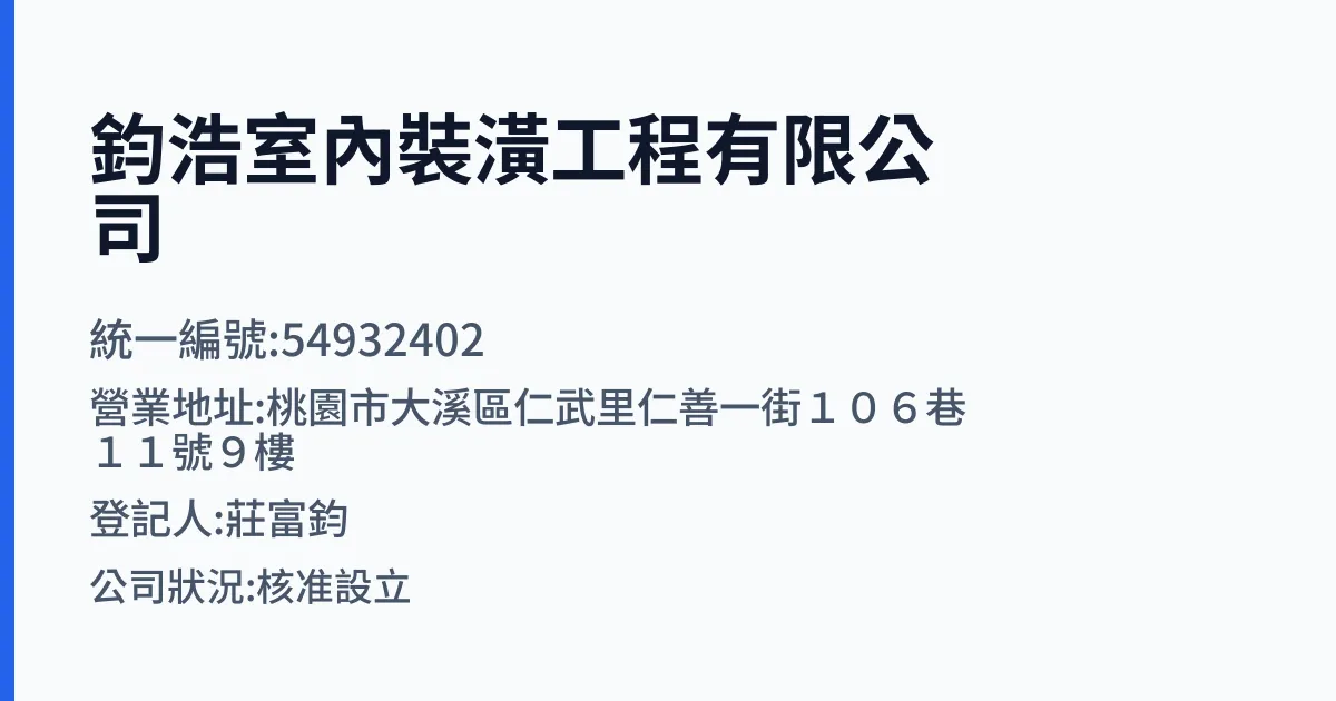 鈞浩室內裝潢工程有限公司 - 統編 54932402(桃園市) 公司登記資料與營業項目詳細圖表