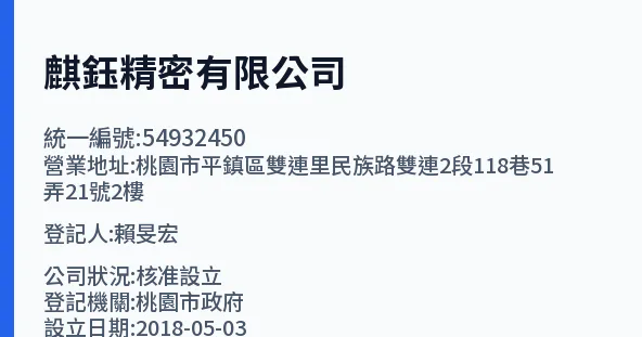 麒鈺精密有限公司的照片-統編 54932450(桃園市) 公司登記資料與營業項目詳細圖表