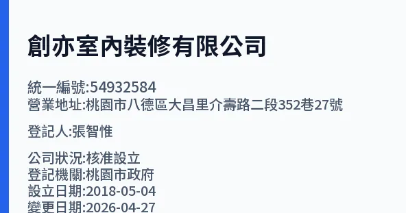 創亦室內裝修有限公司的照片-統編 54932584(桃園市) 公司登記資料與營業項目詳細圖表