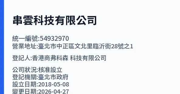 串雲科技有限公司的照片-統編 54932970(臺北市) 公司登記資料與營業項目詳細圖表