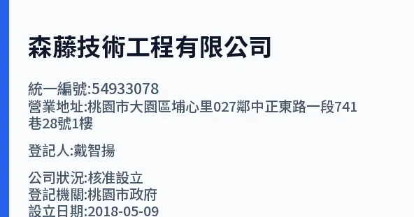 森藤技術工程有限公司的照片-統編 54933078(桃園市) 公司登記資料與營業項目詳細圖表