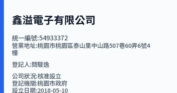 鑫溢電子有限公司的照片-統編 54933372(桃園市) 公司登記資料與營業項目詳細圖表