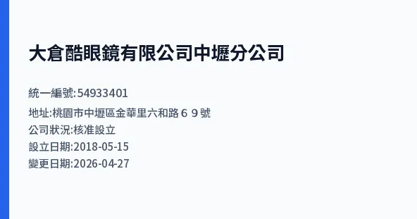 大倉酷眼鏡有限公司中壢分公司的照片-統編 54933401(桃園市) 公司登記資料與營業項目詳細圖表