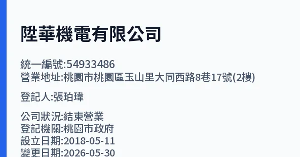 陞華機電有限公司的照片-統編 54933486(桃園市) 公司登記資料與營業項目詳細圖表