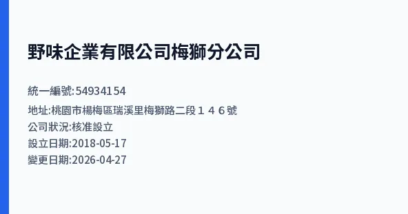 野味企業有限公司梅獅分公司的照片-統編 54934154(桃園市) 公司登記資料與營業項目詳細圖表