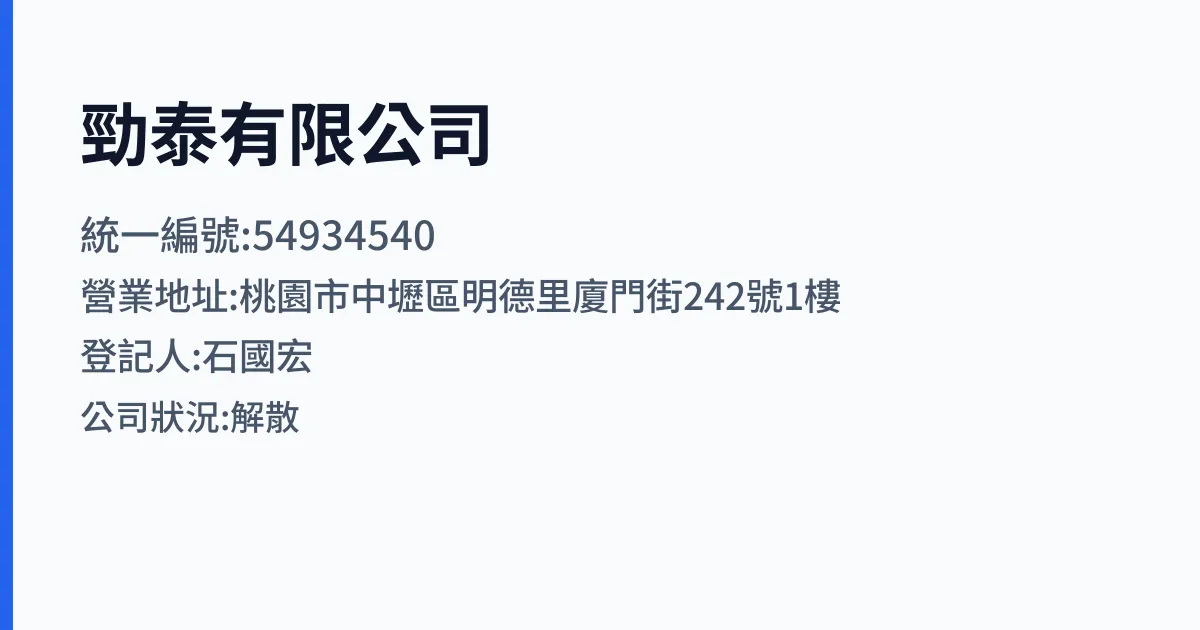 勁泰有限公司 - 統編 54934540(桃園市) 公司登記資料與營業項目詳細圖表