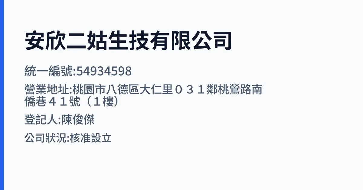 安欣二姑生技有限公司 - 統編 54934598(桃園市) 公司登記資料與營業項目詳細圖表