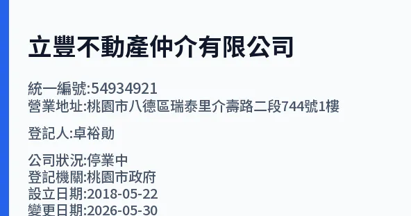 立豐不動產仲介有限公司的照片-統編 54934921(桃園市) 公司登記資料與營業項目詳細圖表