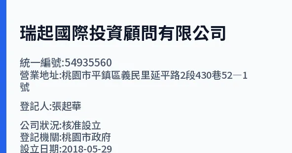 瑞起國際投資顧問有限公司的照片-統編 54935560(桃園市) 公司登記資料與營業項目詳細圖表