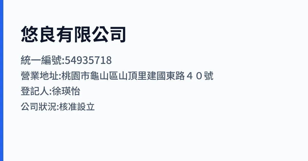 悠良有限公司 - 統編 54935718(桃園市) 公司登記資料與營業項目詳細圖表