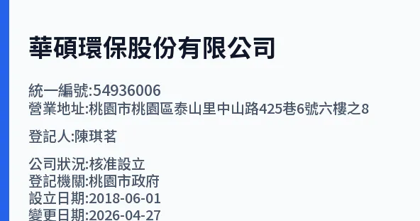 華碩環保股份有限公司的照片-統編 54936006(桃園市) 公司登記資料與營業項目詳細圖表