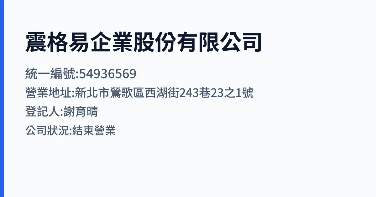 震格易企業股份有限公司 - 統編 54936569(桃園市) 公司登記資料與營業項目詳細圖表