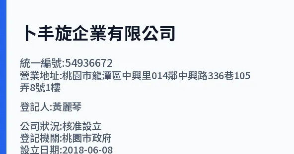 卜丰旋企業有限公司的照片-統編 54936672(桃園市) 公司登記資料與營業項目詳細圖表