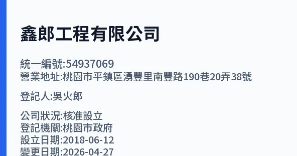 鑫郎工程有限公司的照片-統編 54937069(桃園市) 公司登記資料與營業項目詳細圖表