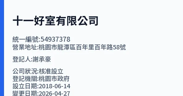 十一好室有限公司的照片-統編 54937378(桃園市) 公司登記資料與營業項目詳細圖表