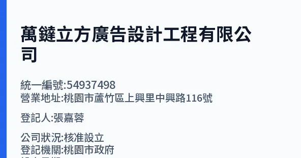 萬鐽立方廣告設計工程有限公司的照片-統編 54937498(桃園市) 公司登記資料與營業項目詳細圖表