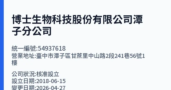 博士生物科技股份有限公司潭子分公司的照片-統編 54937618(臺中市) 公司登記資料與營業項目詳細圖表