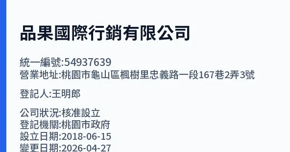 品果國際行銷有限公司的照片-統編 54937639(桃園市) 公司登記資料與營業項目詳細圖表