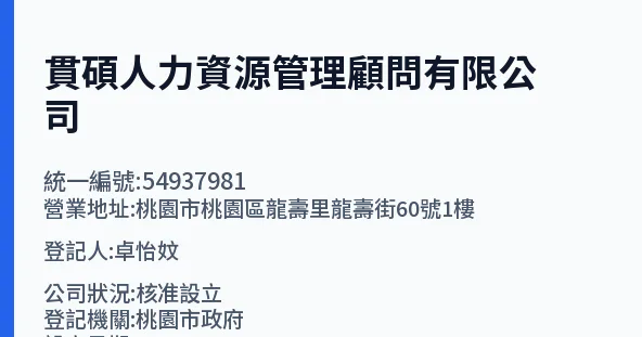 貫碩人力資源管理顧問有限公司的照片-統編 54937981(桃園市) 公司登記資料與營業項目詳細圖表