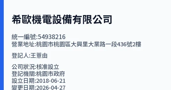 希歐機電設備有限公司的照片-統編 54938216(桃園市) 公司登記資料與營業項目詳細圖表