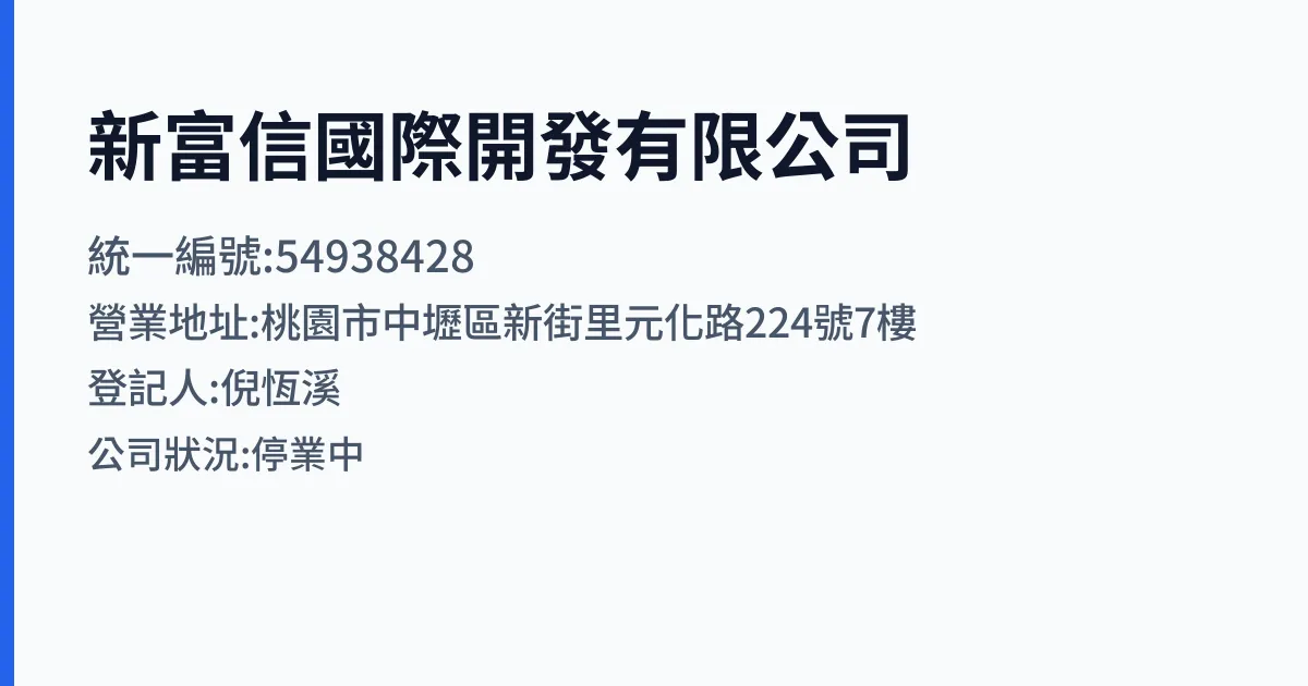新富信國際開發有限公司 - 統編 54938428(桃園市) 公司登記資料與營業項目詳細圖表