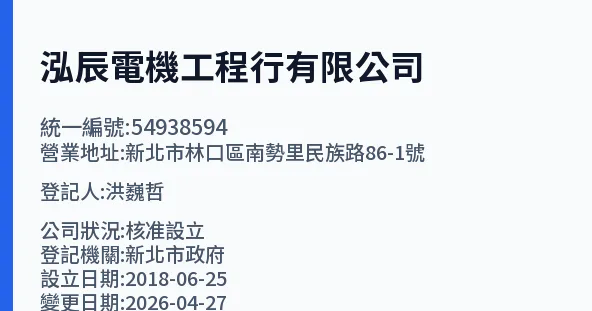 泓辰電機工程行有限公司的照片-統編 54938594(新北市) 公司登記資料與營業項目詳細圖表