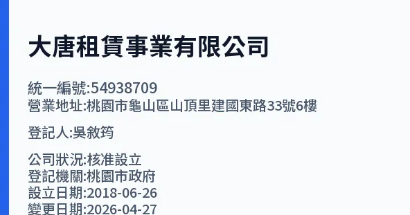 大唐租賃事業有限公司的照片-統編 54938709(桃園市) 公司登記資料與營業項目詳細圖表