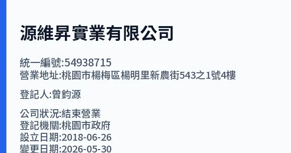 源維昇實業有限公司的照片-統編 54938715(桃園市) 公司登記資料與營業項目詳細圖表