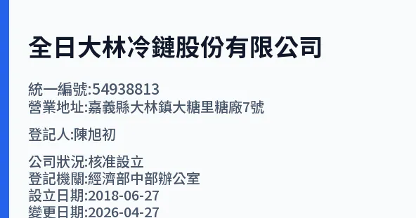 全日大林冷鏈股份有限公司的照片-統編 54938813(嘉義縣) 公司登記資料與營業項目詳細圖表
