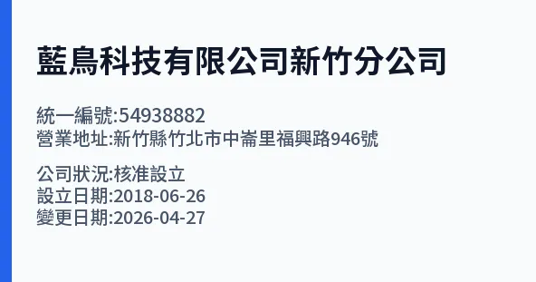 藍鳥科技有限公司新竹分公司的照片-統編 54938882(新竹縣) 公司登記資料與營業項目詳細圖表