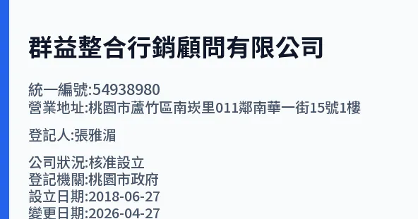 群益整合行銷顧問有限公司的照片-統編 54938980(桃園市) 公司登記資料與營業項目詳細圖表