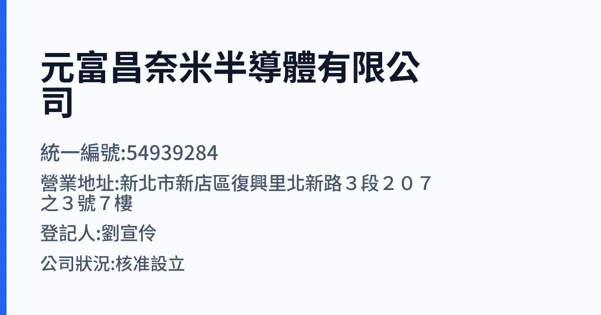 元富昌奈米半導體有限公司 - 統編 54939284(新北市) 公司登記資料與營業項目詳細圖表