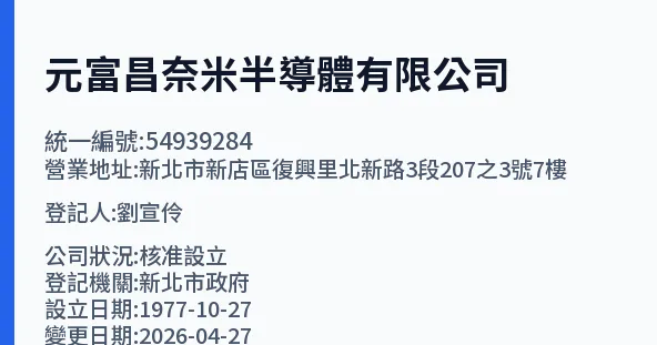 元富昌奈米半導體有限公司的照片-統編 54939284(新北市) 公司登記資料與營業項目詳細圖表