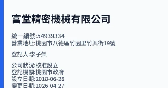 富堂精密機械有限公司的照片-統編 54939334(桃園市) 公司登記資料與營業項目詳細圖表