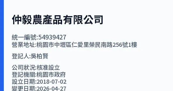 仲毅農產品有限公司的照片-統編 54939427(桃園市) 公司登記資料與營業項目詳細圖表