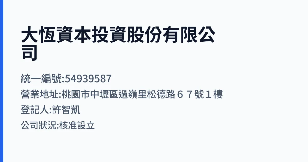 大恆資本投資股份有限公司 - 統編 54939587(桃園市) 公司登記資料與營業項目詳細圖表