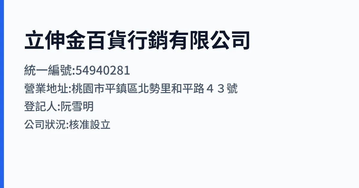立伸金百貨行銷有限公司 - 統編 54940281(桃園市) 公司登記資料與營業項目詳細圖表