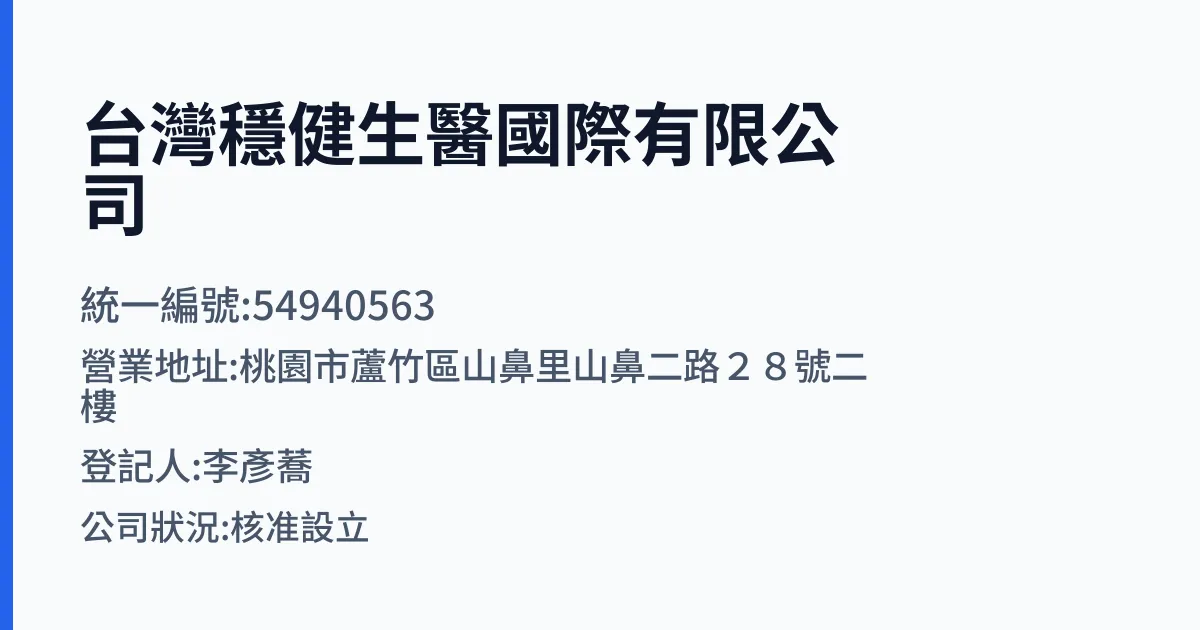 台灣穩健生醫國際有限公司 - 統編 54940563(桃園市) 公司登記資料與營業項目詳細圖表