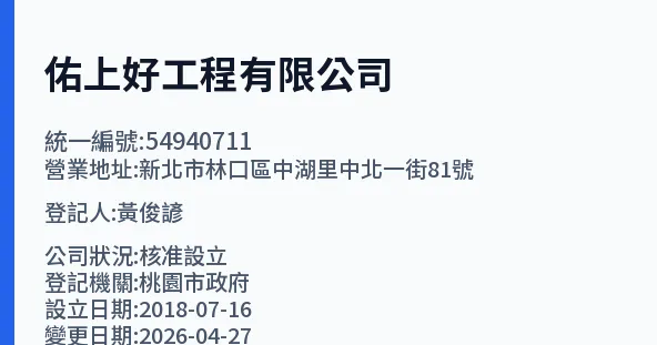 佑上好工程有限公司的照片-統編 54940711(新北市) 公司登記資料與營業項目詳細圖表